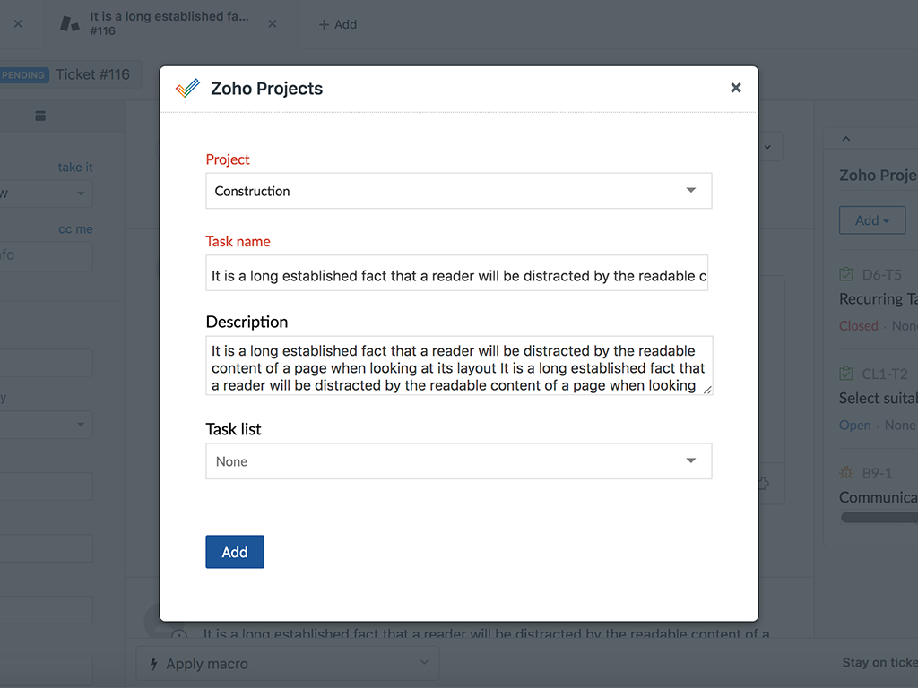 Zoho Projects App Integration with Zendesk Support